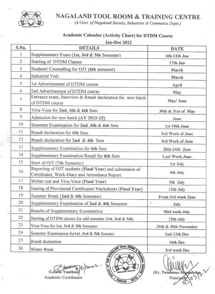 Academic Calender 2022 Nagaland Tool Room Training Centre Dimapur Academic Calender 2022 Nagaland Tool Room Training Centre Dimapur